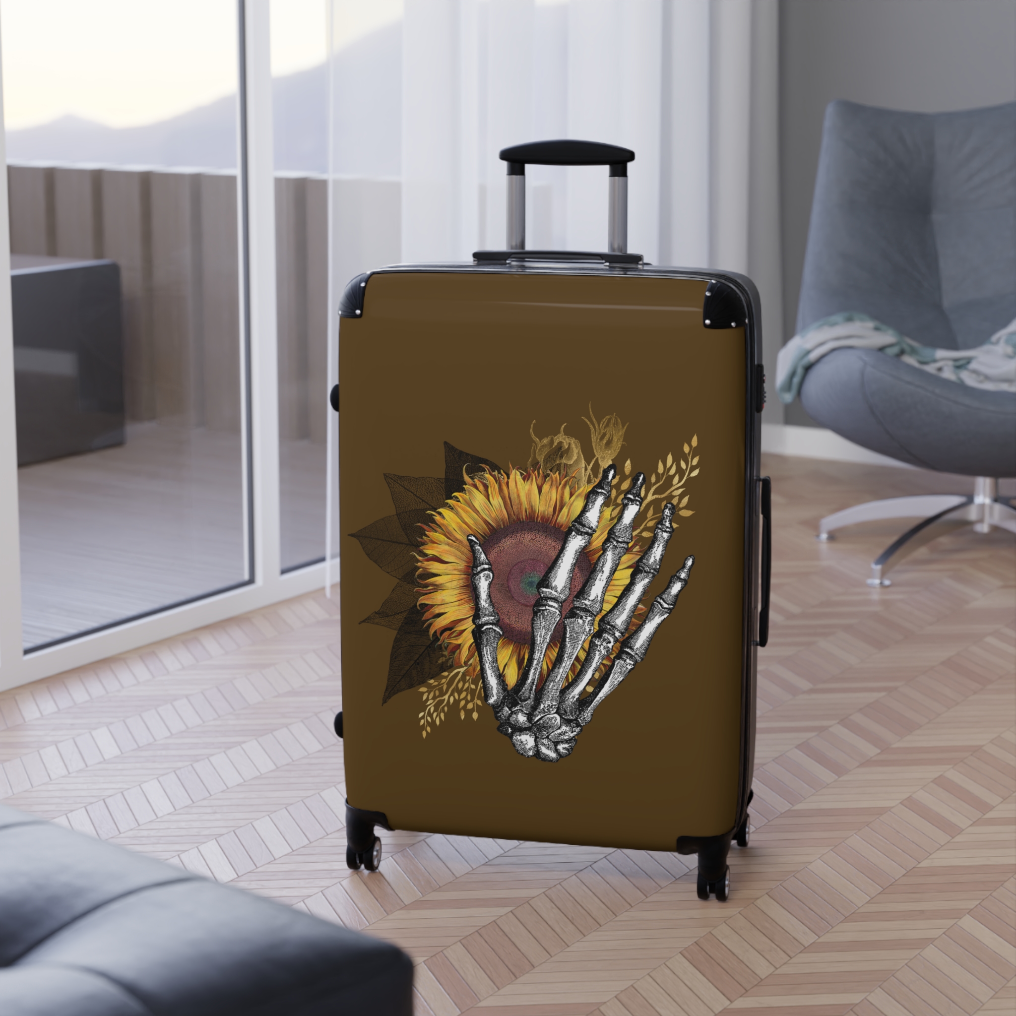 Chic Rebellion: Sunflower Skull Suitcase - V Luggage.